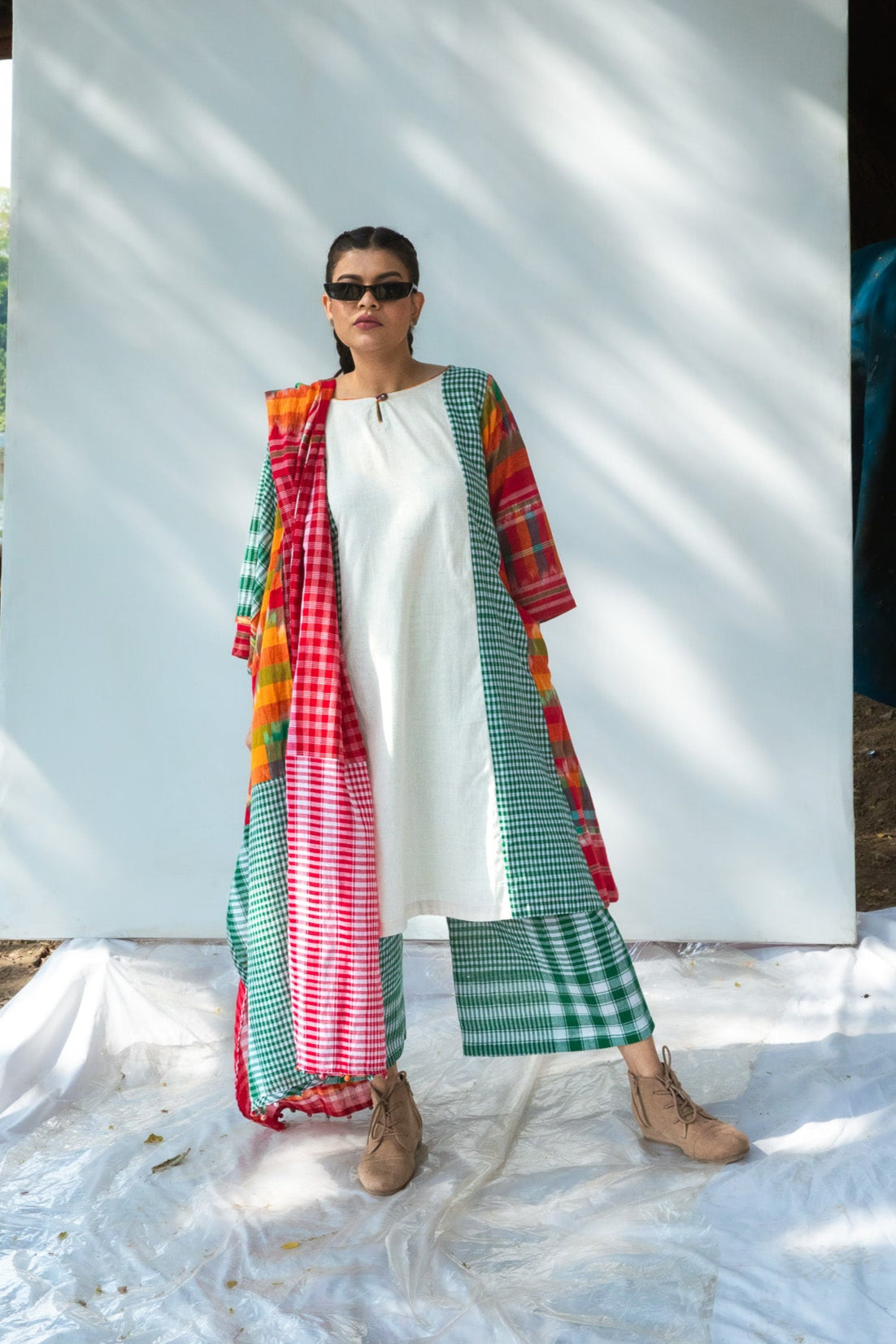 Panelled Flowy Cotton Gamcha Knee Length Dress with Green Cotton ...