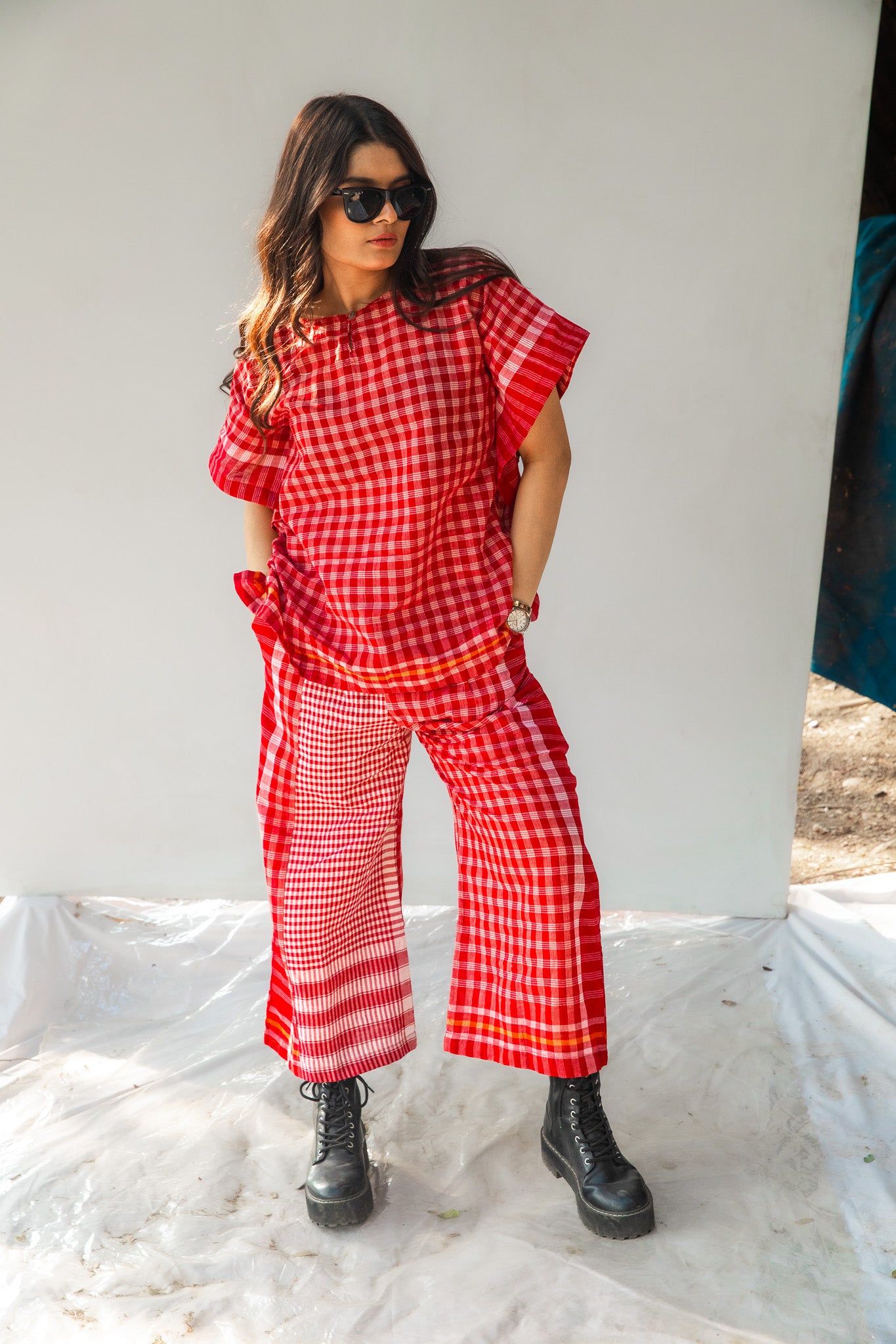 Red Gamcha Indian Textile Comfortable Kaftan Top - Cotton Easy Breezy ...