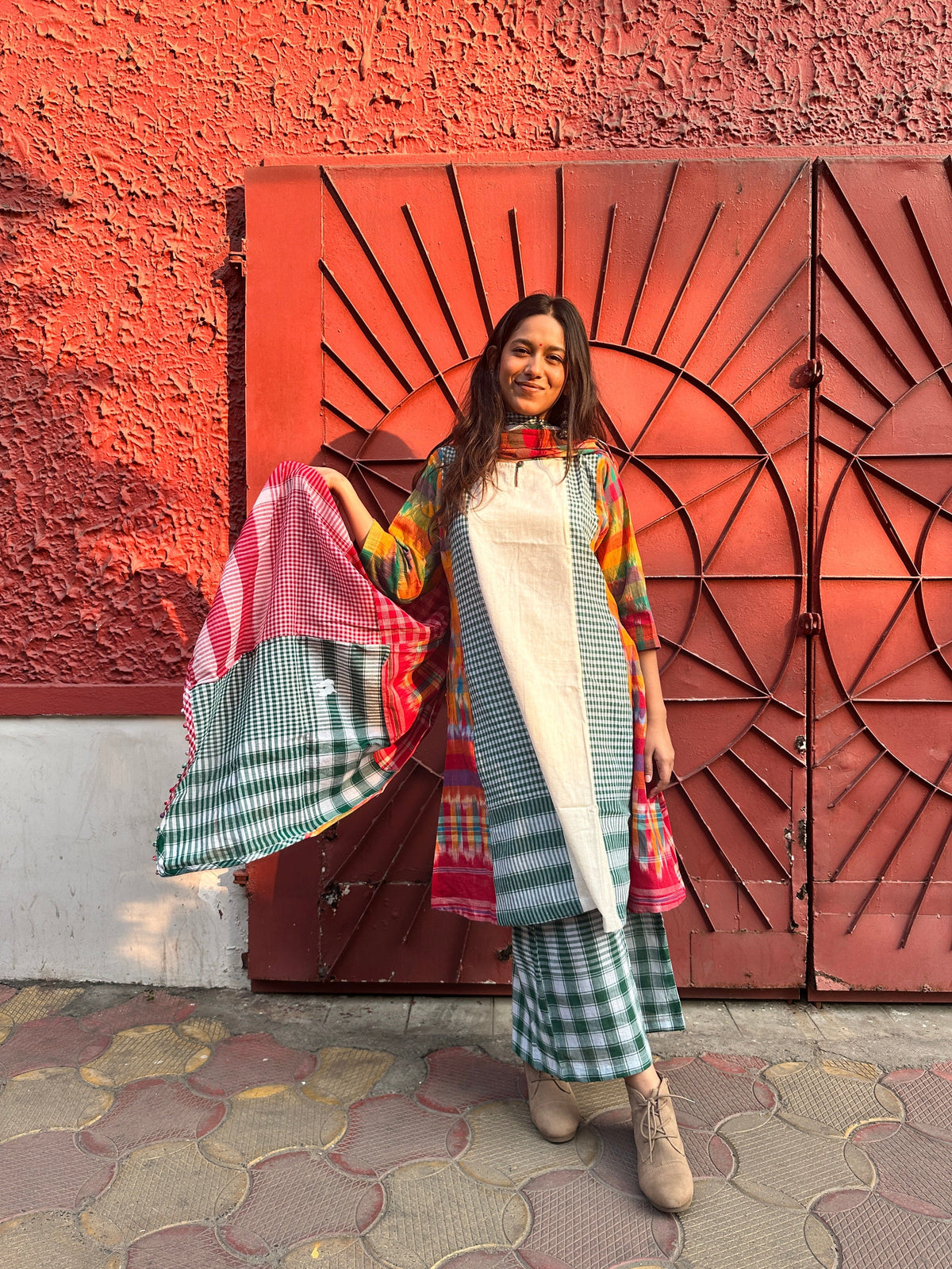 Panelled Flowy Cotton Gamcha Knee Length Dress with Green Cotton ...