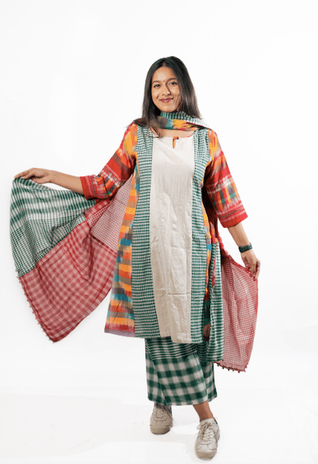 Panelled Flowy Cotton Gamcha Knee Length Dress with Green Cotton ...