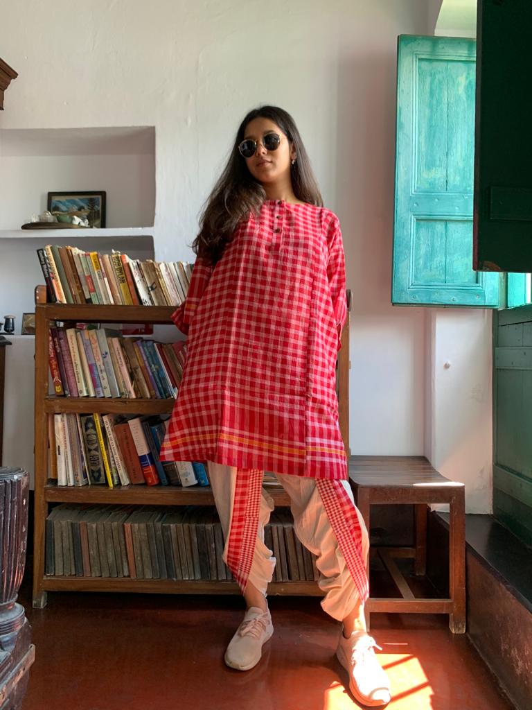 Red Gamcha Cotton Handloom Textiles Tunic - Cotton Easy Breezy ...