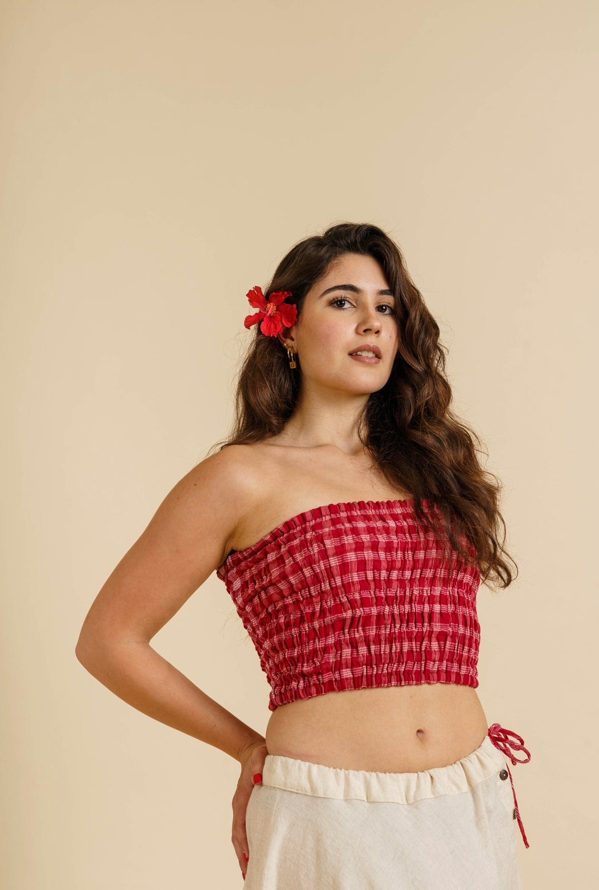 Classic Red Gamcha Cotton Summer Friendly Chic Tube Top | 145 East Official
